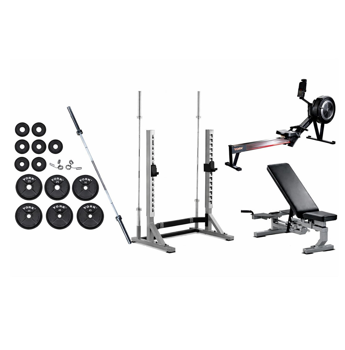 YORK Champion Package Home Gym Set with Collegiate Rack Rower Bench Ol ...